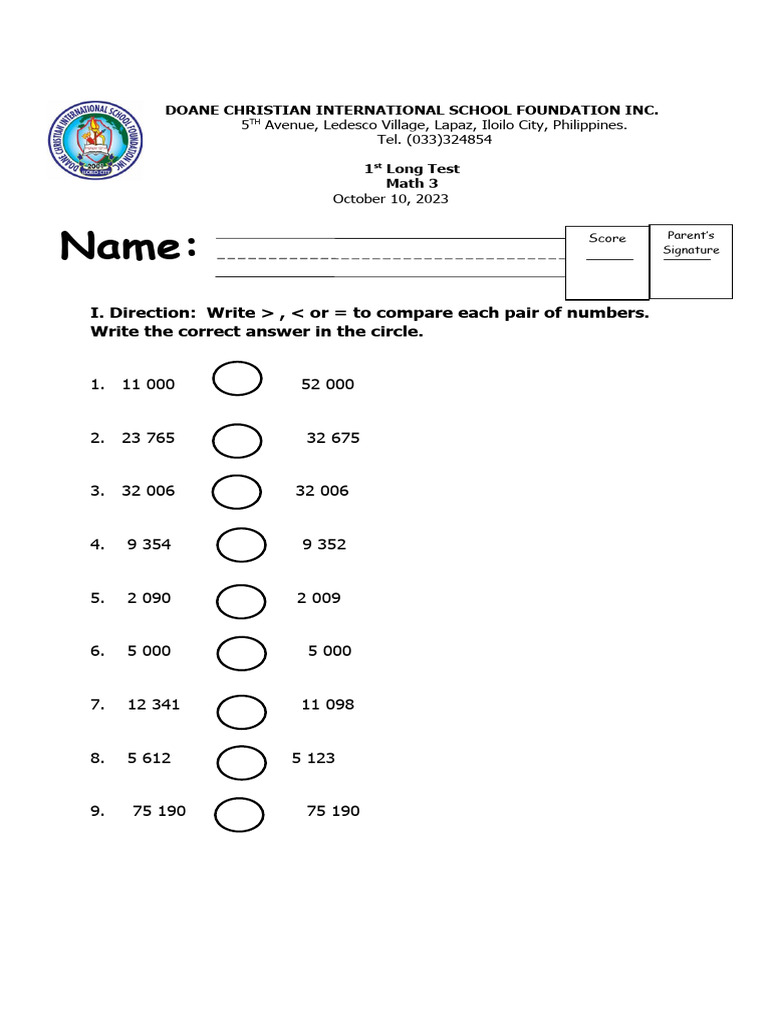 Math Test for Grade 3 Students | PDF