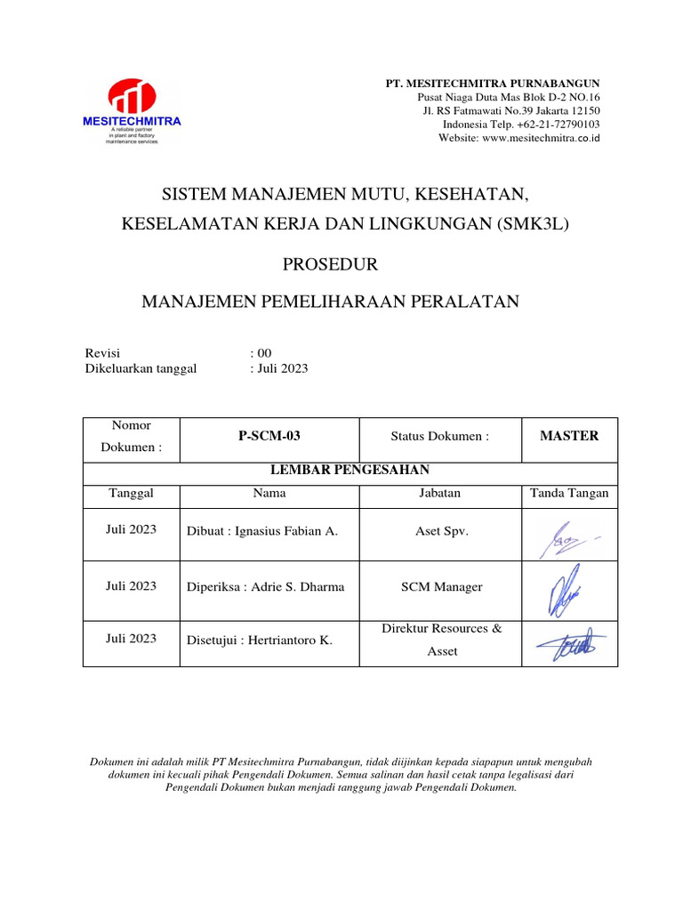 Prosedur Manajemen Perawatan Peralatan Pdf