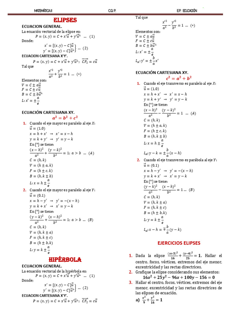 Elipses e Hipérbolas: Guía y Ejercicios | PDF | Elipse | Geometría diferencial