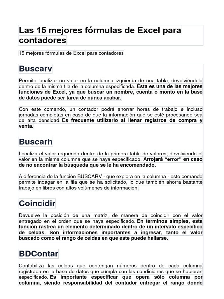 Las 15 Mejores Fórmulas de Excel para Contadores | PDF | Microsoft Excel | Bases de datos