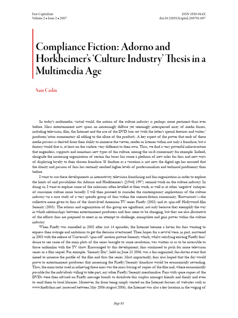 CASLIN, Sam, 2007. Compliance Fiction - Adorno and Horkheimer's Culture ...