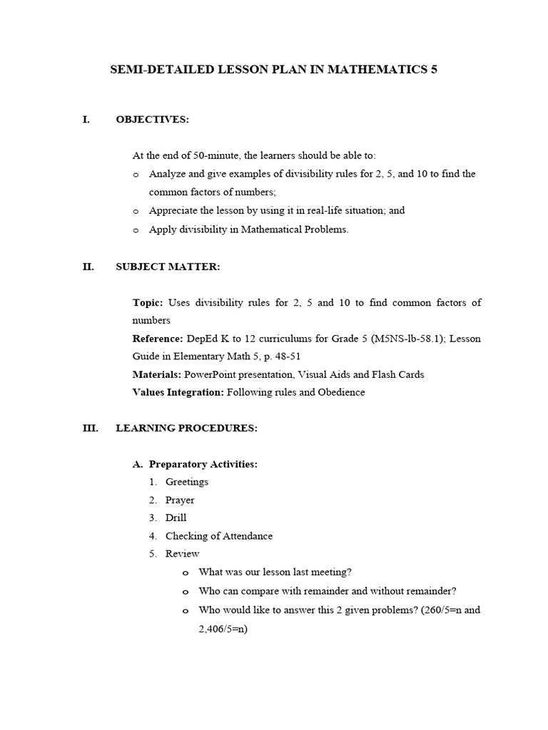 Divisibility Rules Lesson Plan for Grade 5 | PDF | Learning | Lesson Plan