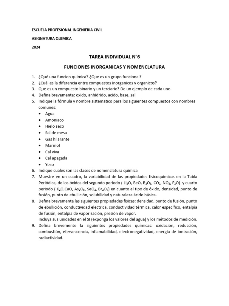 TAREA INDIVIDUAL 6. FUNCIONES INORGANICAS y NOMENCLATURA | PDF