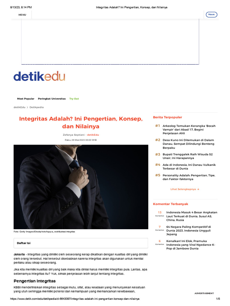 Integritas Adalah - Ini Pengertian, Konsep, Dan Nilainya | PDF