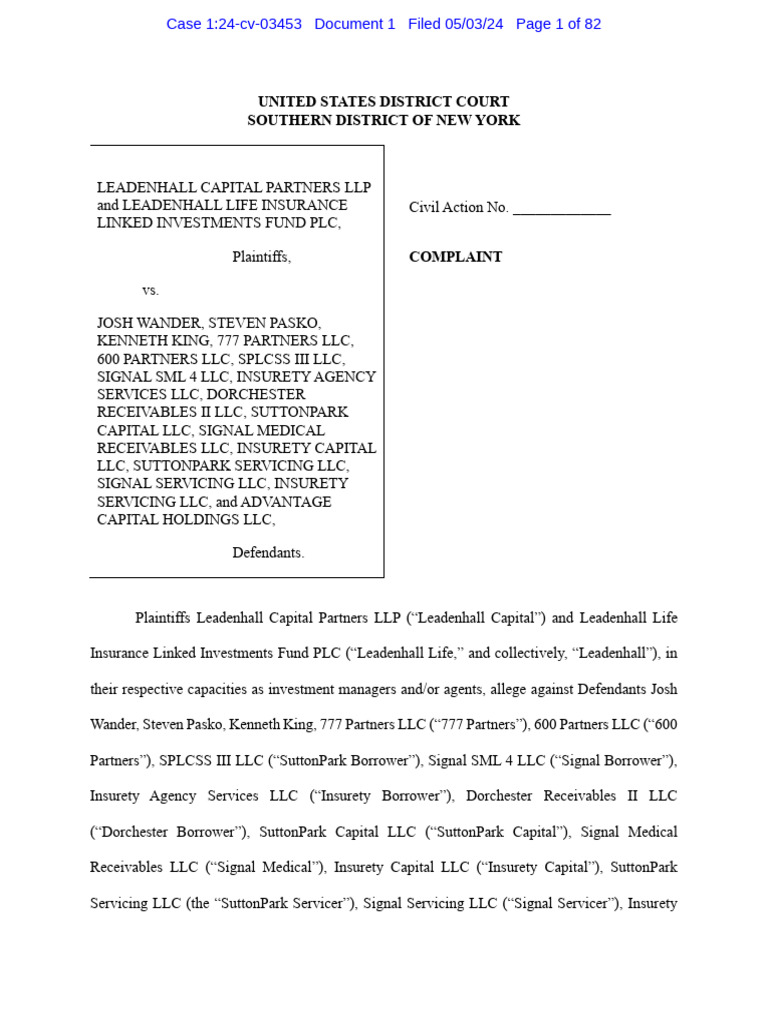 Leadenhall Capital Partners LLP V Wander Pasko 777 Partners Etc | PDF ...