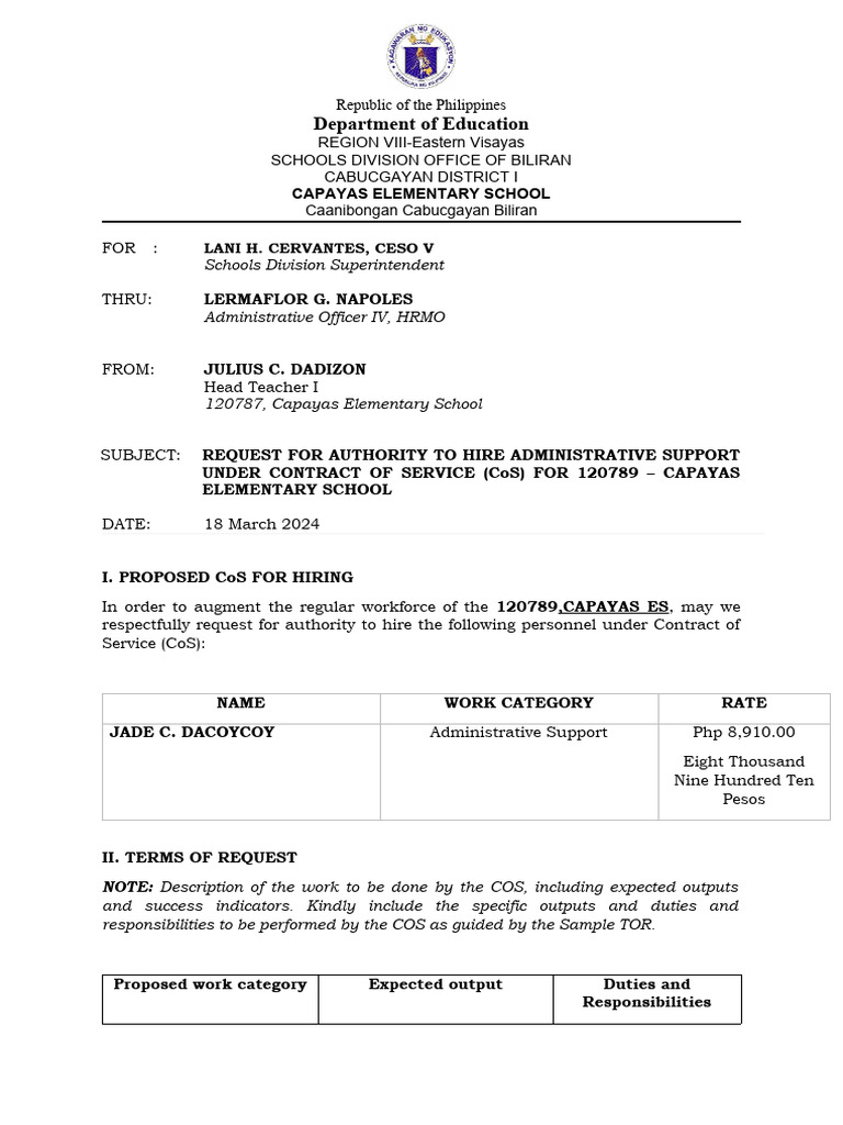 Authority To Hire Admin Support Staff in Schools Under COS | PDF