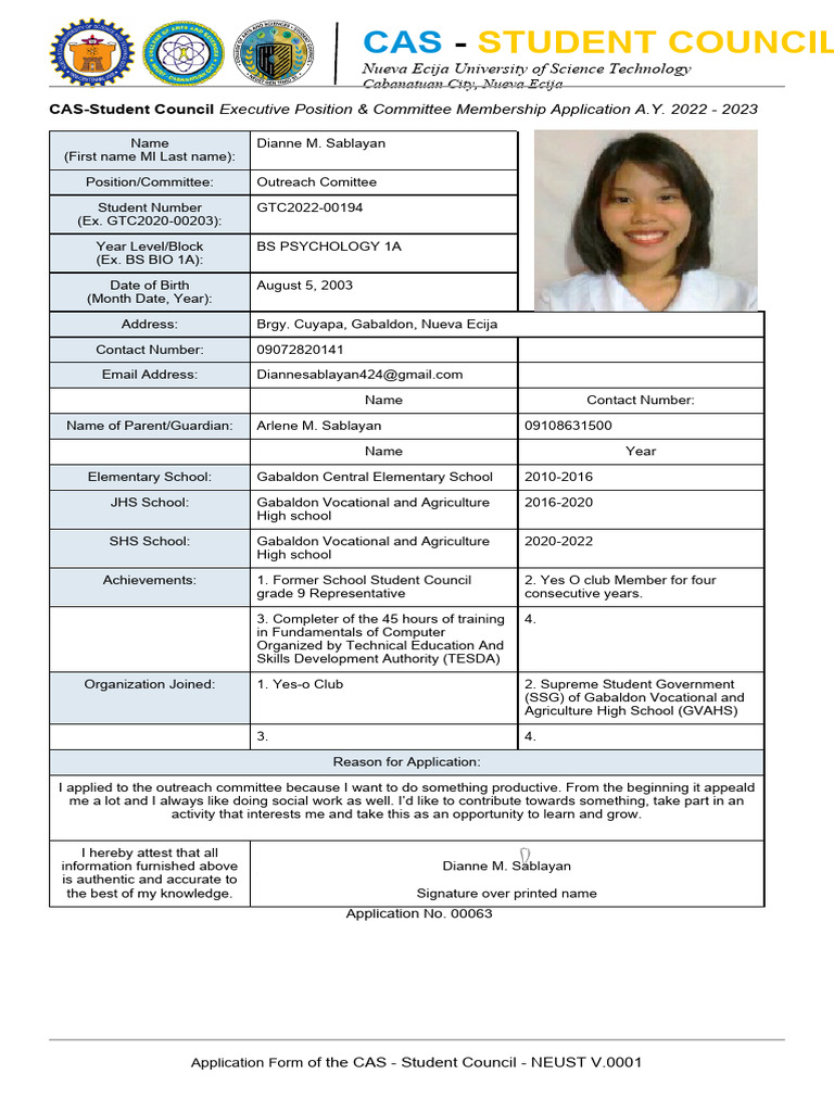 Sablayan - CAS-SC Application Form A.Y. 2022-2023 | PDF