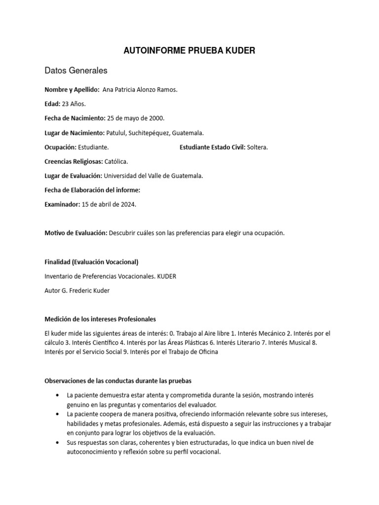 Informe de Evaluación Kuder de Ana Alonzo | PDF | Trabajo Social ...