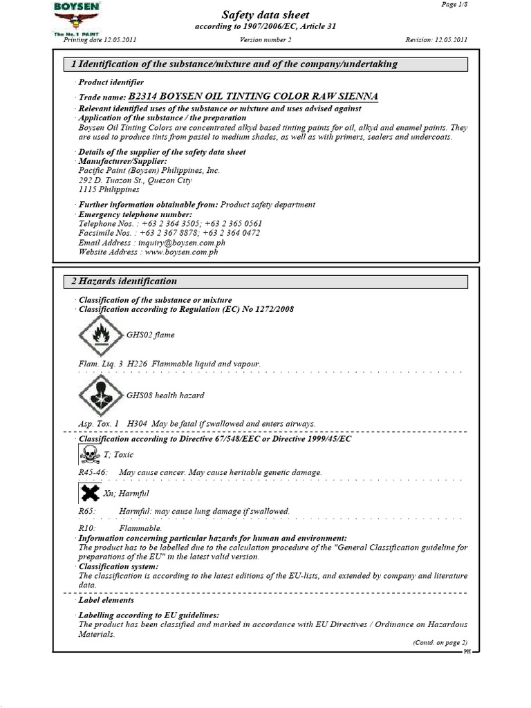 b2314 Boysen Oil Tinting Color Raw Sienna PDF | PDF | Dangerous Goods | Toxicity