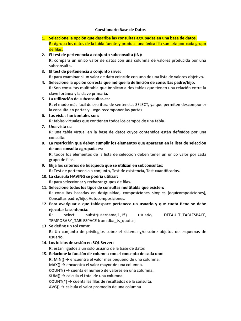 Cuestionario Base de Datos | PDF | Bases de datos | SQL