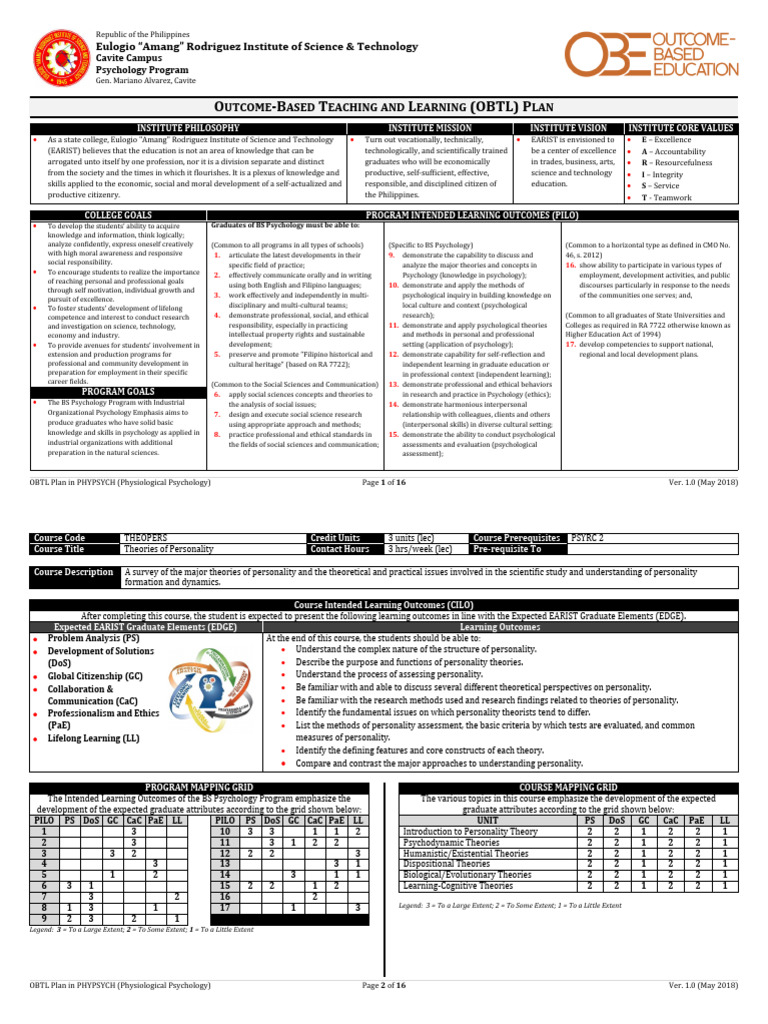 OBTL Plan for BS Psychology Program | PDF | Psychology | Carl Jung