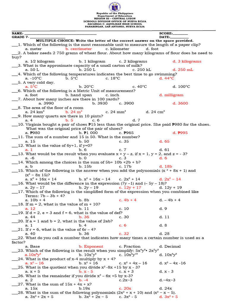 Second Quarter Exan in Math 7 | PDF | Polynomial | Arithmetic