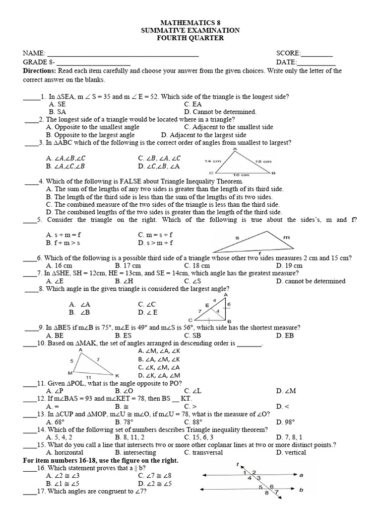 MATH 8 LONG QUIZ 4TH QUARTER New | PDF | Triangle | Summation