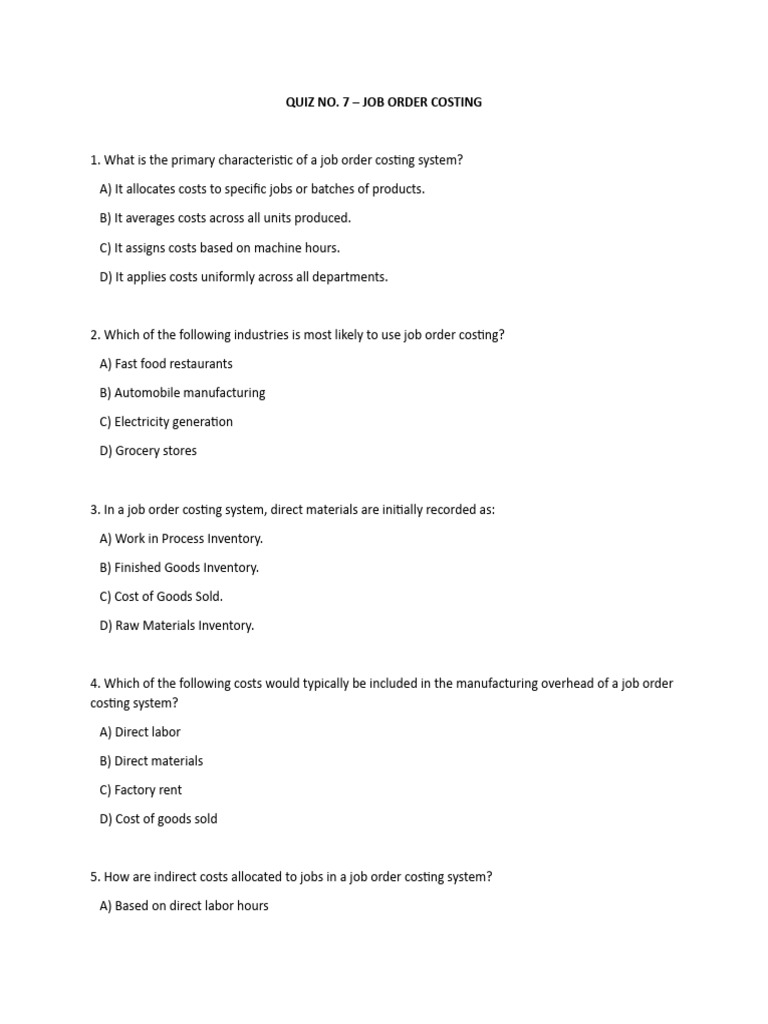 Job Order Costing Quiz Questions | PDF | Inventory | Cost Of Goods Sold