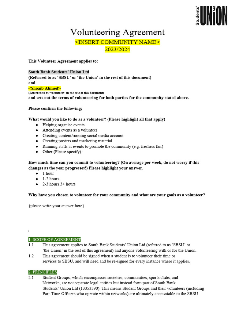 Community Volunteering Agreement 2023 - 2024 | PDF | Volunteering ...