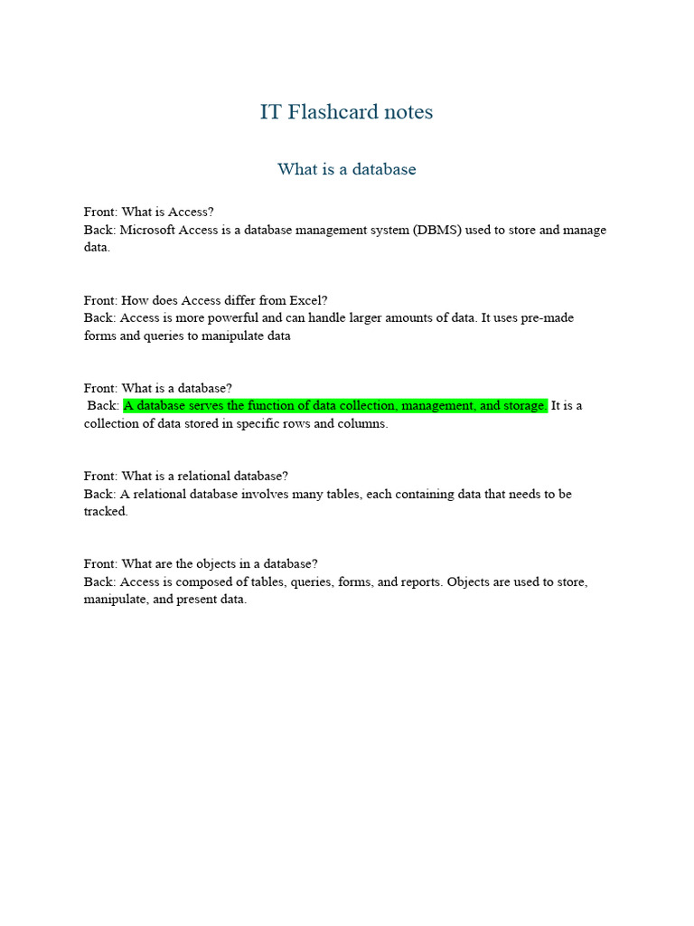 IT Flashcard Notes | Download Free PDF | Relational Database | Computing