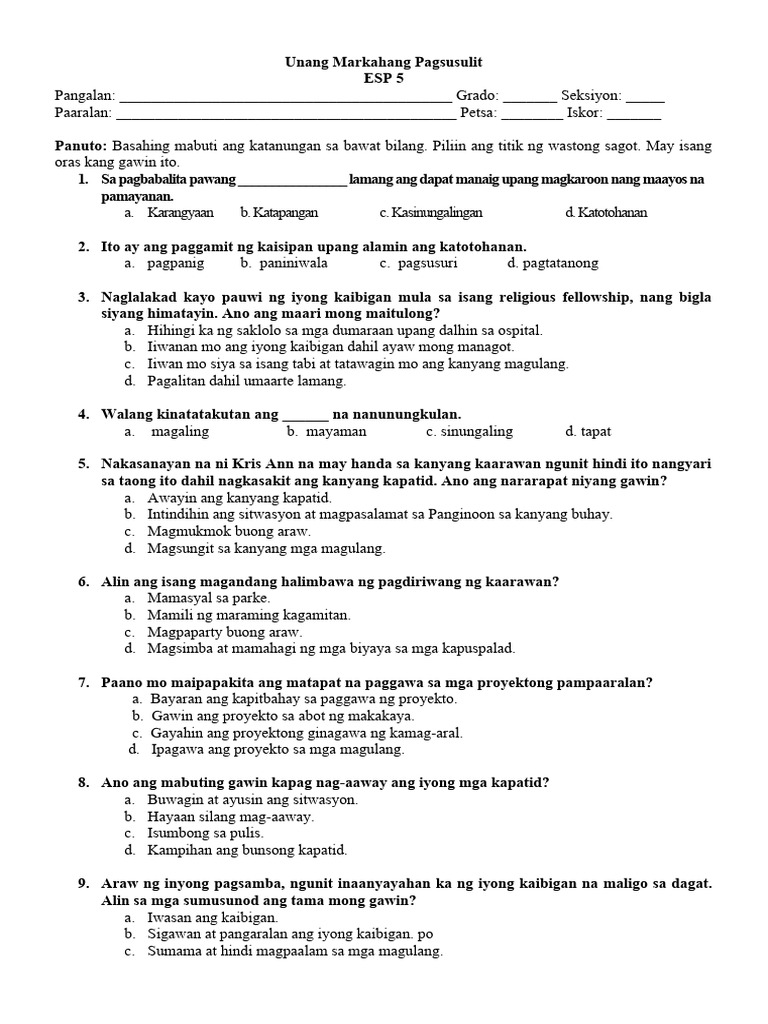 Esp 5 Q1 Ptest | PDF