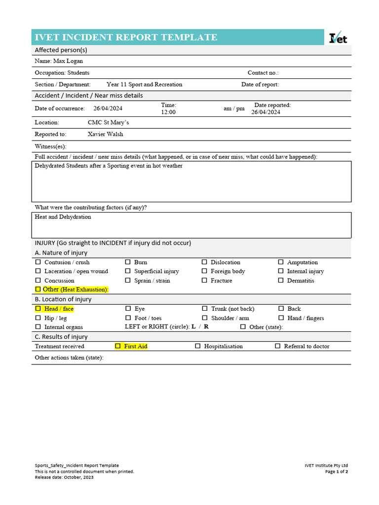 Ivet Incident Report Template: Affected Person(s) | PDF | Dehydration | Biomechanics