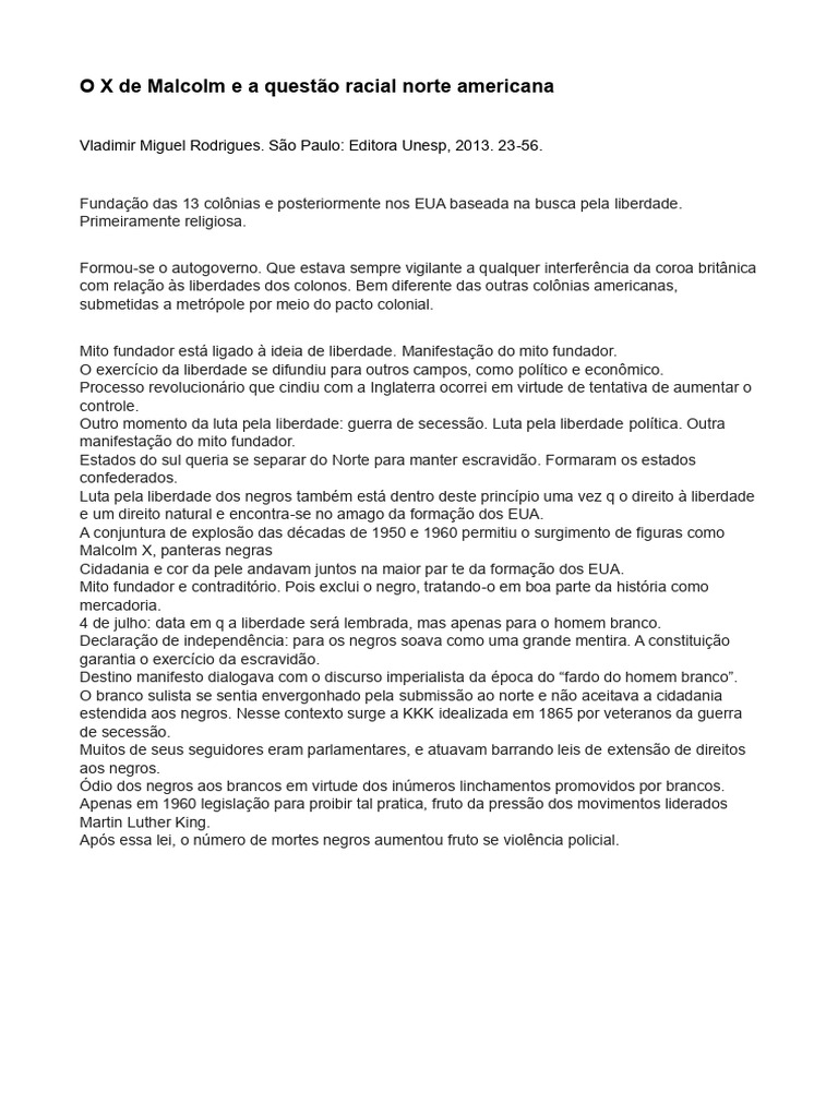 Resumo - O X de Malcolm e A Questão Racial Norte | PDF