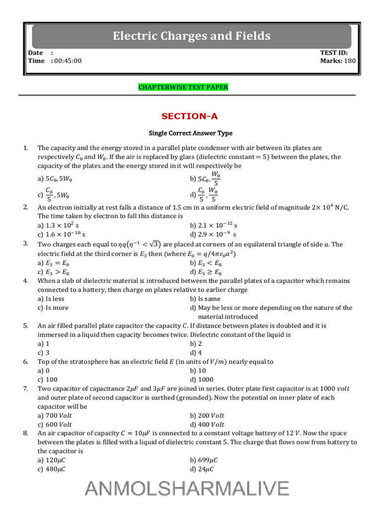 Physics Class 12th Chapterwise MCQs | PDF | Capacitor | Capacitance
