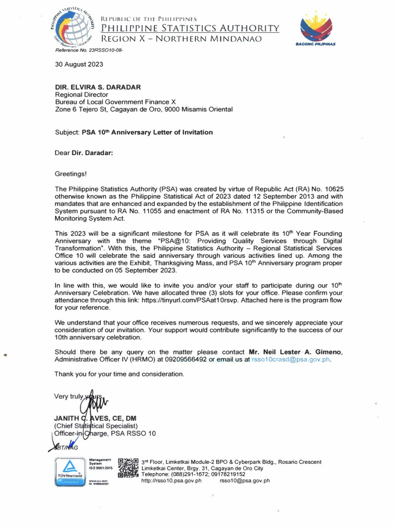 PSA 10th Anniversary Invitation Letter | PDF | Statistics | Government