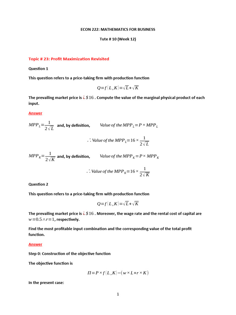 222, Tute # 10 (Answers) Autumn 2022 | PDF | Mathematical Optimization | Utility