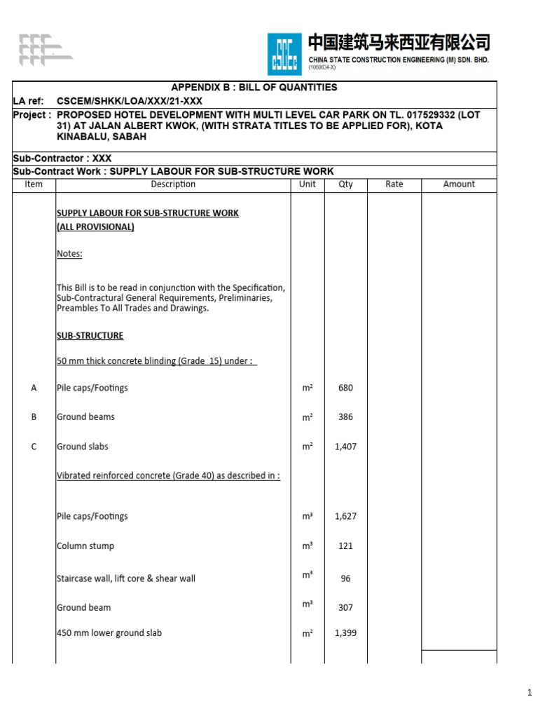 Appendix B - Sub-Structure C&S BQ | PDF | Real Estate | Building Engineering