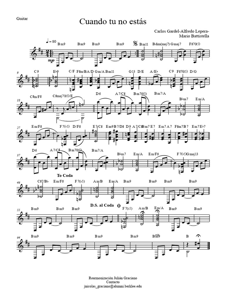 Cuando Tu No Estas Rearmonizacion para Guitarra y Melodia | PDF ...