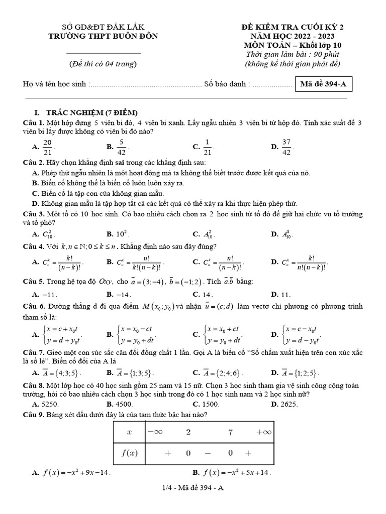 De Cuoi Ky 2 Toan 10 Nam 2022 2023 Truong THPT Buon Don Dak Lak | PDF