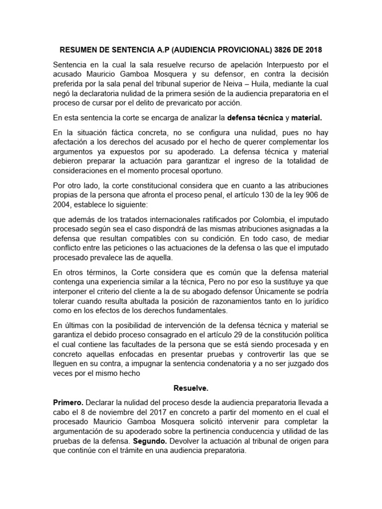 Resumen de Sentencia Ap 3826 de 2018 | PDF | Sentencia (ley) | Debido al proceso