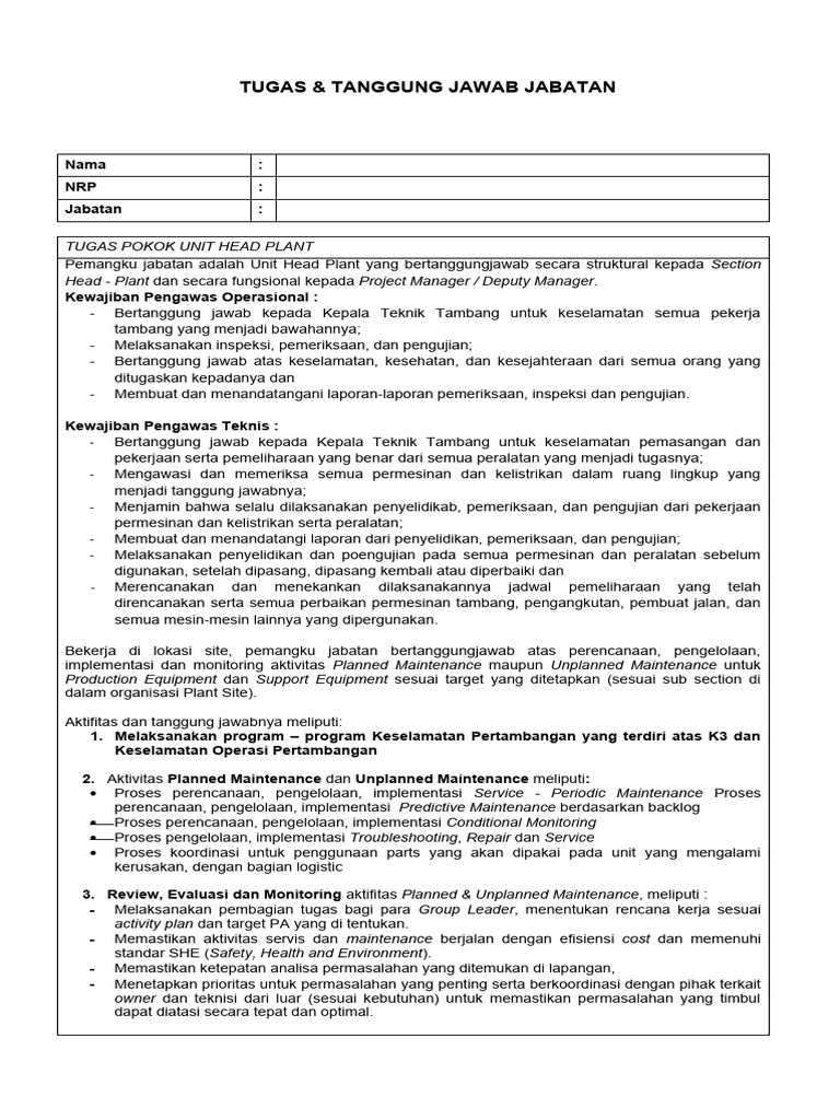 Tugas Unit Head Plant Tambang | PDF