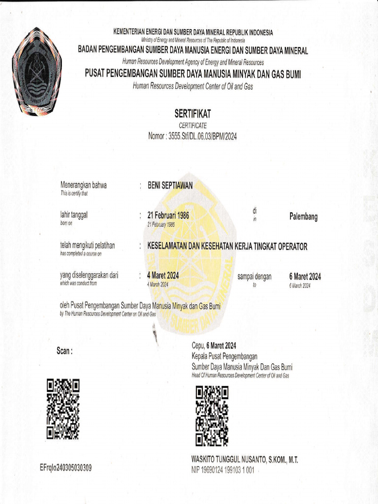 SERTIFIKAT K3 BENI | PDF