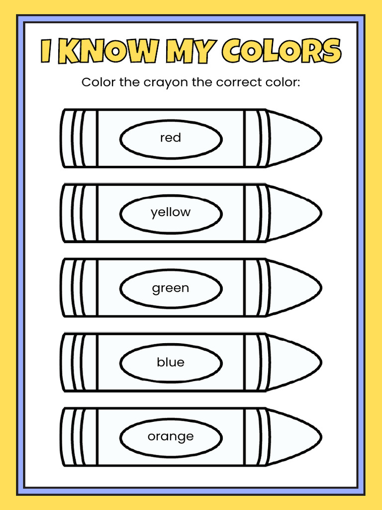 Yellow Blue I Know My Colors Crayon Coloring Worksheet | PDF