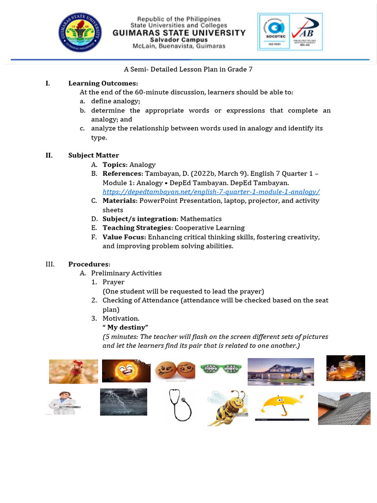 Semi Detailed Lesson Plan in English 7 | Download Free PDF | Analogy | Learning