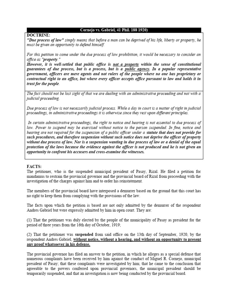 Cornejo vs. Gabriel, 41 Phil. 188 1920) | PDF | Due Process | Due ...