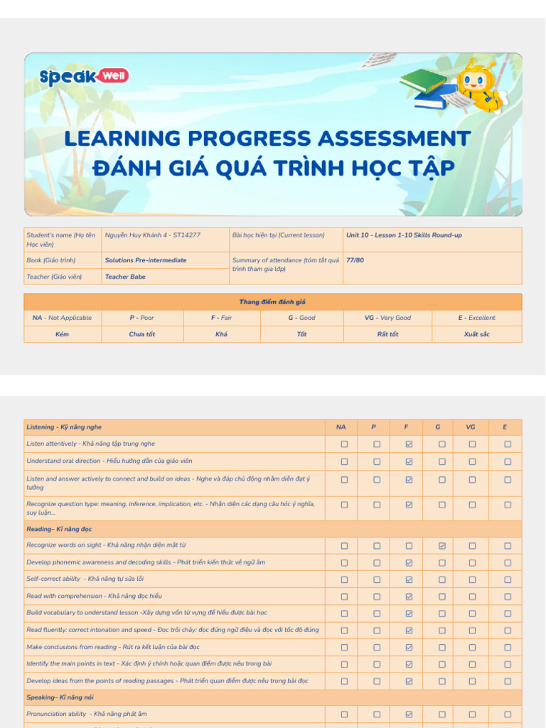 LEARNING PROGRESS ASSESSMENT-Nguyễn Huy Khánh 4 | PDF