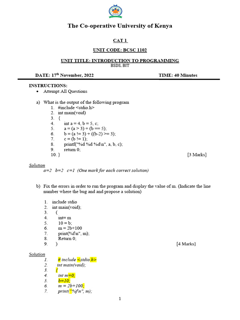 BCSE 1102 INTRODUCTION TO PROGRAMMING CAT G1 Marking Scheme | PDF | Computer Programming | Computing