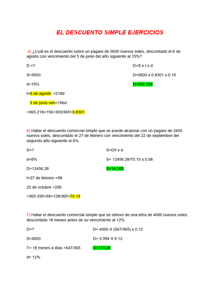 El Descuento Simple Ejercicios | PDF