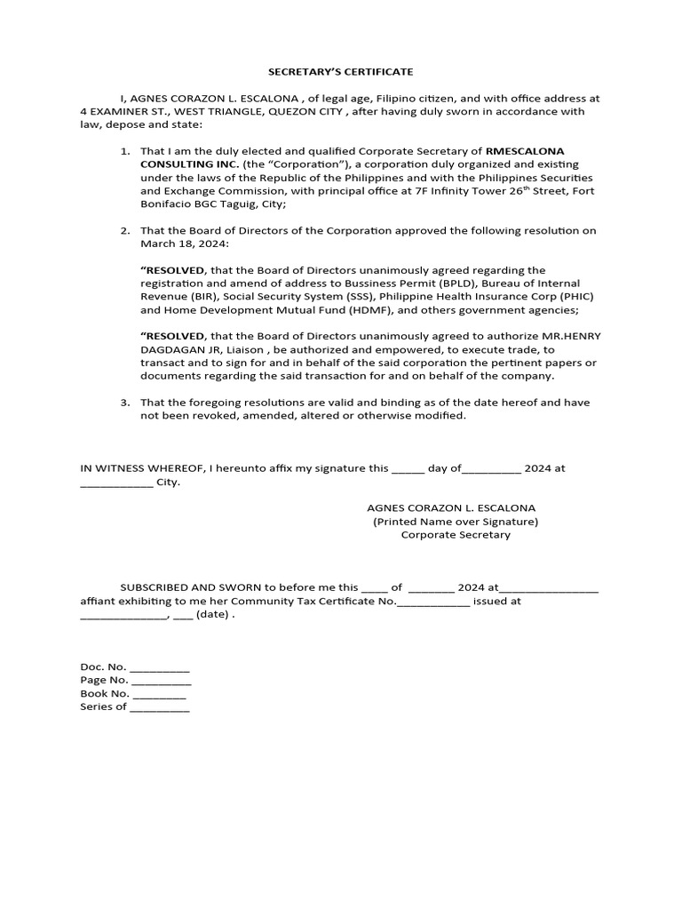 Secretary's Certificate RME | PDF