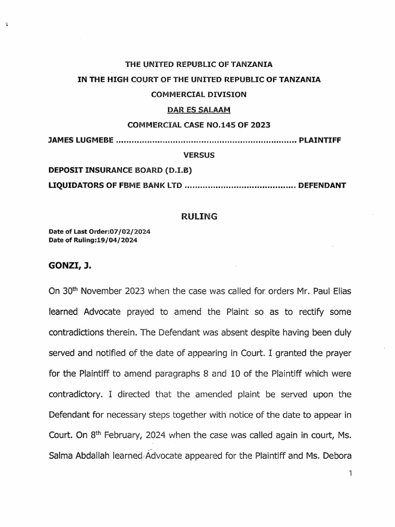 James Lugmebe Vs Deposit Insurance Board (DIB) Liquidators of FBME Bank ...