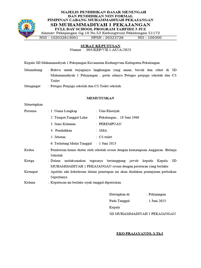 SURAT KEPUTUSAN Bu Tijah Dan Pak Aji | PDF