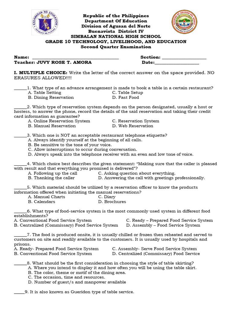 TLE10 2nd Quarter Exam (90 Copies) | PDF | Restaurants | Menu