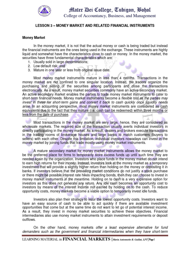 LESSON 3 Money Market | PDF | Repurchase Agreement | Securities (Finance)