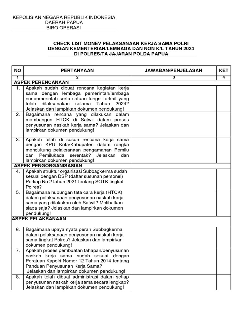 Checklist Kisi-Kisi Monev Bagkerma Roops 2024 | PDF