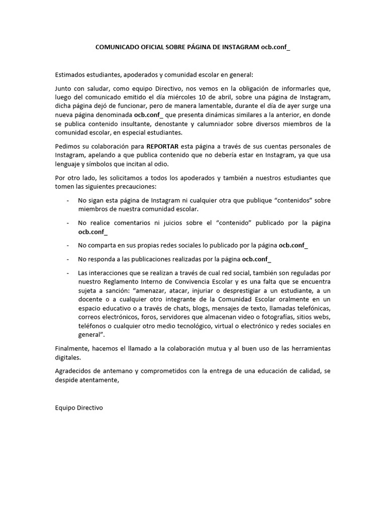 Comunicado Oficial Sobre Página de Instagram 2 | PDF
