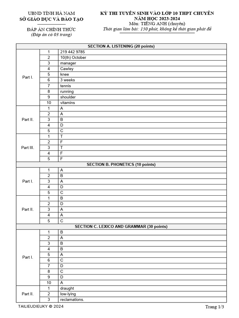 Hà Nam Lớp 10 Chuyên Anh Đáp Án | PDF | Learning