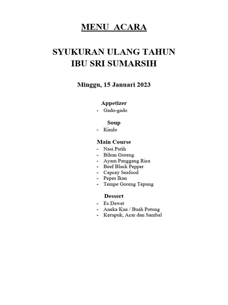 MENU ACARA Syukuran Ulang Tahun Eyang | PDF