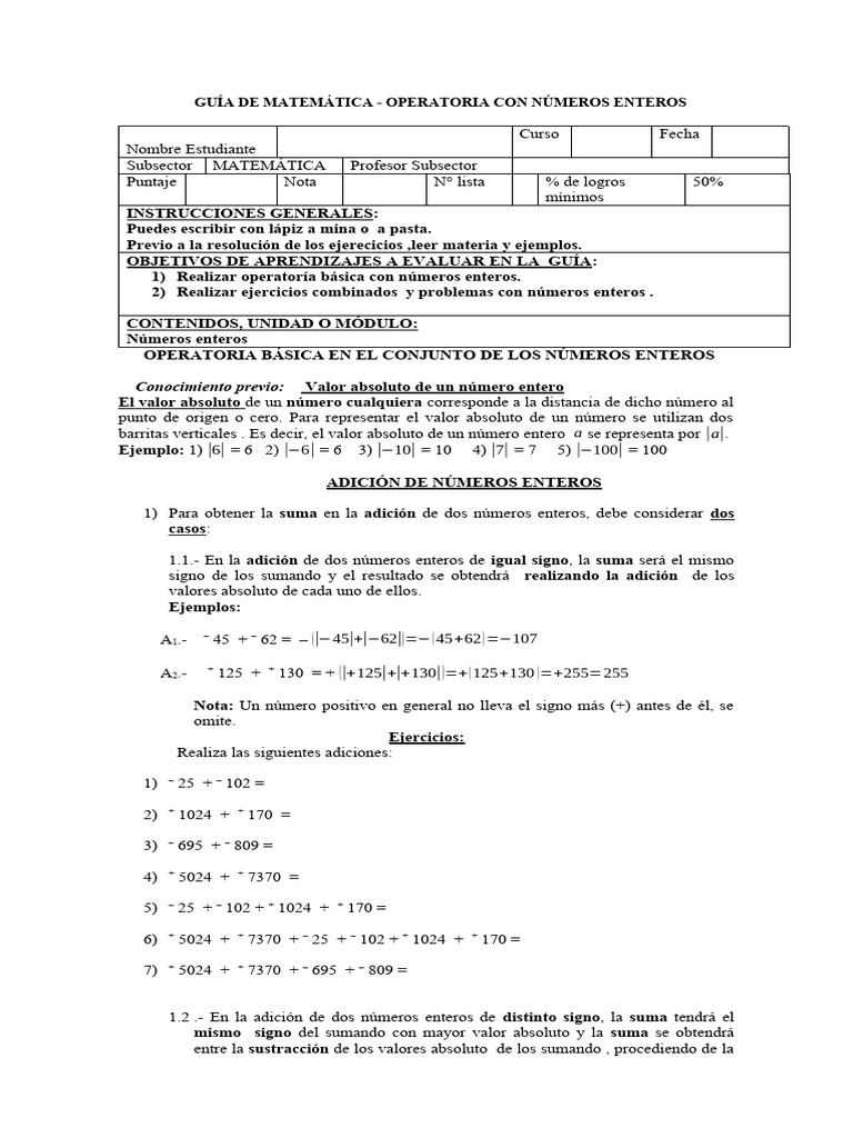 Guía 1 Matemática Números enteros | PDF | Entero | Sustracción