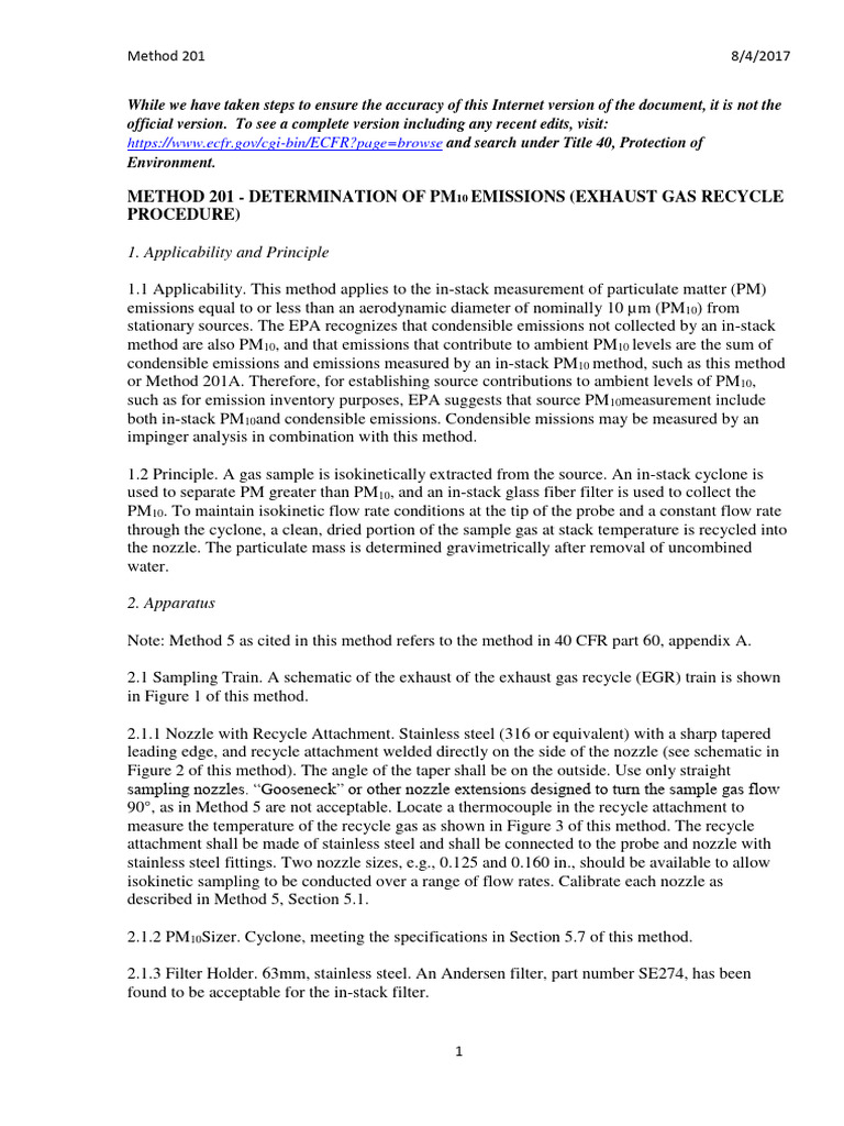 Att 1 Us Epa Method 201 Pm10 Pdf Pressure Measurement Flow Measurement