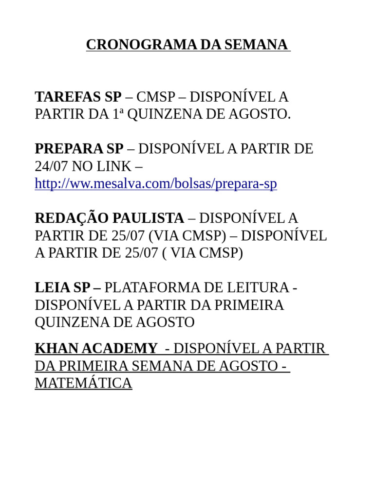 Cronograma Da Semana 2023 | PDF